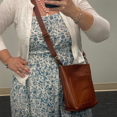 Small COGNAC / TAN Crossbody Leather Bag With Outside Pocket and Zipper ...