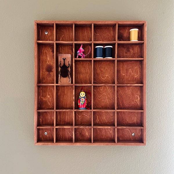 Dark Wooden Display 28 Compartments Shadow Box Brown Wall Hanging ...