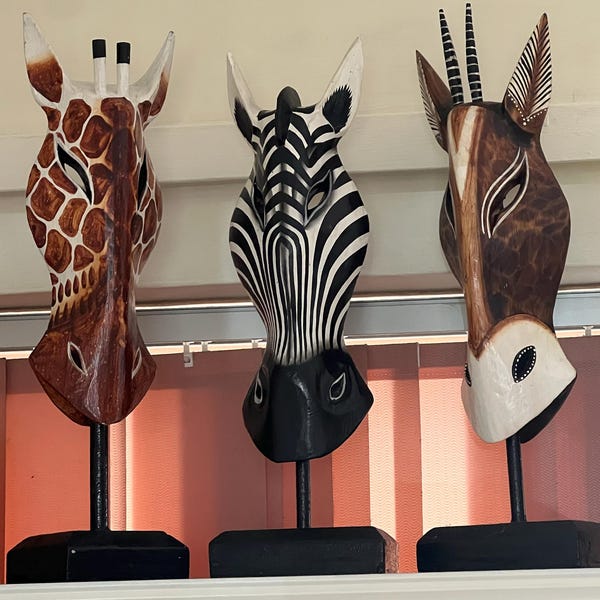 Wooden Animal Masks on Plinth Hand Carved Art Fair Trade Hand Painted ...