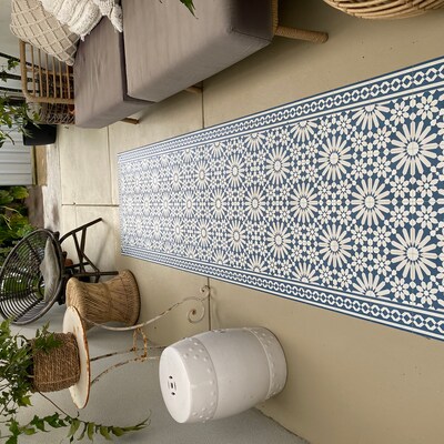 Vinyl Runner Rug or Hallway Runner With Moroccan Tiles Design in Blue ...