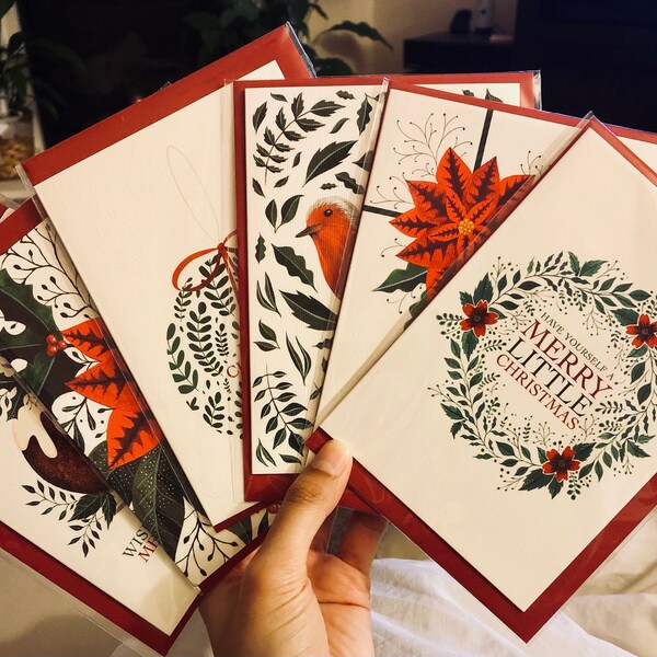 Botanical Christmas Cards Pack of 6 - Festive Xmas Foliage Illustration ...