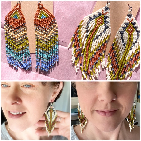 Ayelen: Seed Bead Fringe Earrings Native American Feather Boho Navajo Western Aztec Bohemian - Etsy
