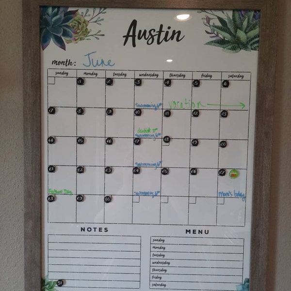 Watercolor Calendar Succulents Dry Erase Calendar MEDIUM Framed ...