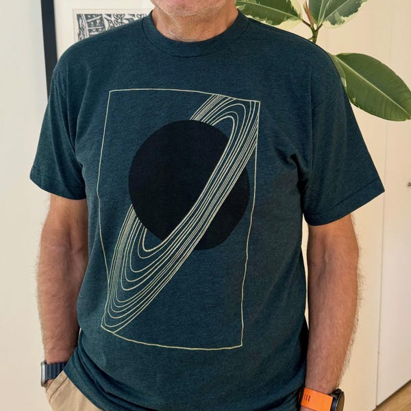 Gold Rings of SATURN Men's T-shirt Black Aqua, Hand-printed Made in USA ...