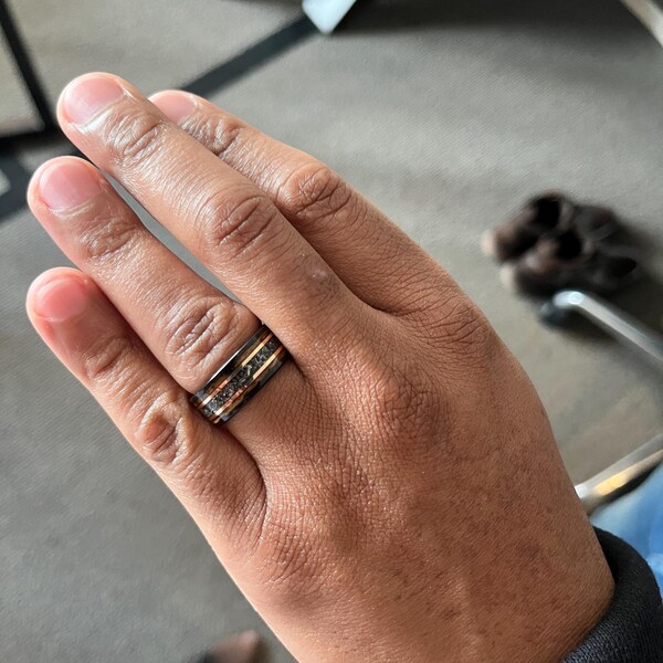 Burnt Whiskey Barrel Ring With Meteorite, Meteorite Wedding Ring ...