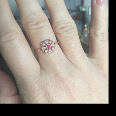 18K Solid Gold Side-way Cushion Cut Sapphire and Diamond Art Deco Ring ...