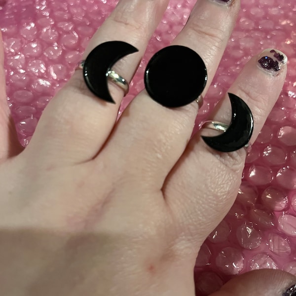 Moon Ring Set / Triple Goddess Rings / Black Moon / Crescent / Full ...