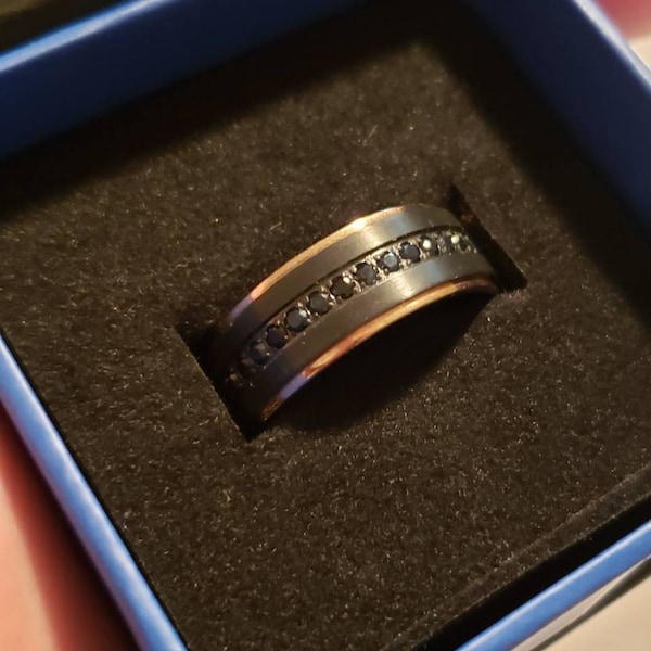 Flat Brushed Black Titanium Ring With Rose Gold Edges, Black Sapphire ...