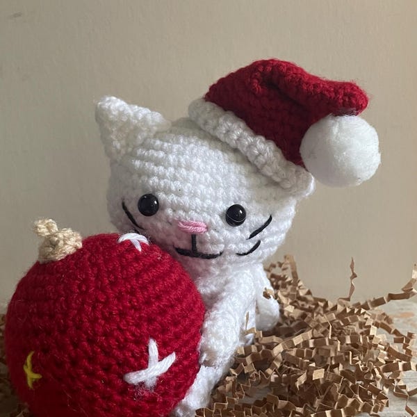 Christmas Cat and Ball Crochet PDF Pattern - Cute Cat Xmas Ornament ...