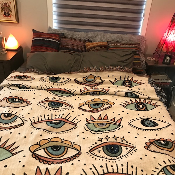 Evil Eye Woven Throw Blanket, Evil Eye Pattern Woven Throw, Mystical ...