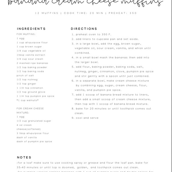 Minimalist Recipe Page Template, Editable Simple Recipe Card, Modern ...