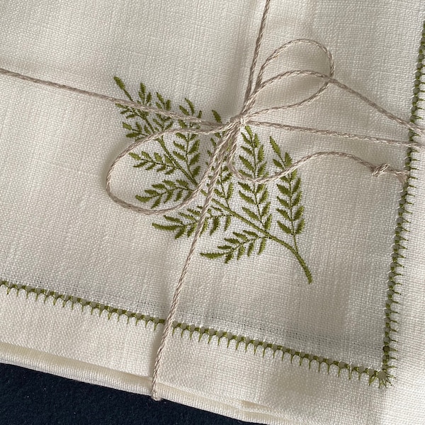 Linen Dinner Napkin With Lily Embroidery, Embroidered Napkin, White ...