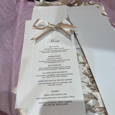 Luxury Menu Card With Hand Tied Black Satin Ribbon Bow / Birthday Party ...