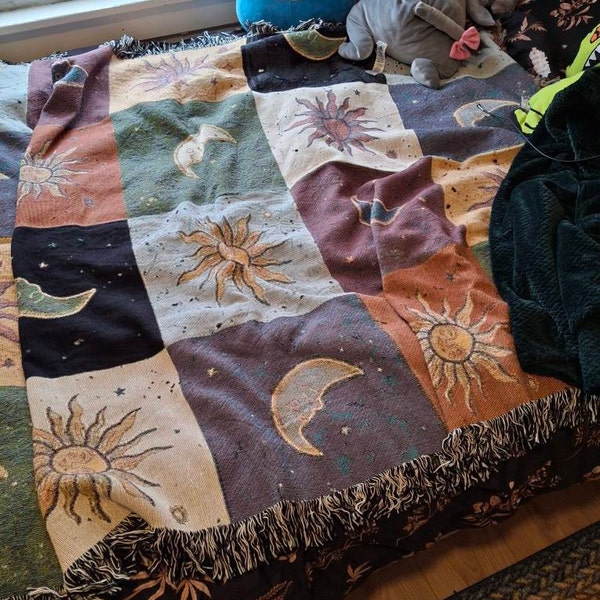 Boho Sun and Moon Woven Blanket - Celestial Checkerboard Throw Blanket ...