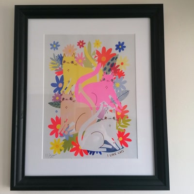 Cats and Flowers Riso Print Artwork - Etsy