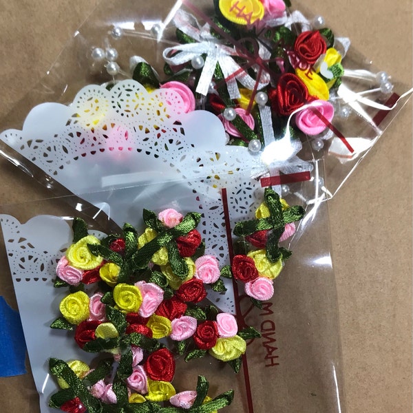 Mini Rose Bouquet, Mixed Craft Roses, Satin Ribbon Roses, Costume ...