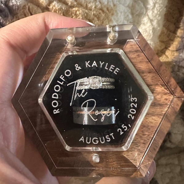 Engraved Hexagon Double Flip Ring Box With Clear Acrylic Lid - Wedding ...