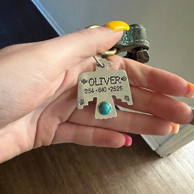 Custom Pet ID Tag With Turquoise Native Thunderbird Shape Cowdog Name ...