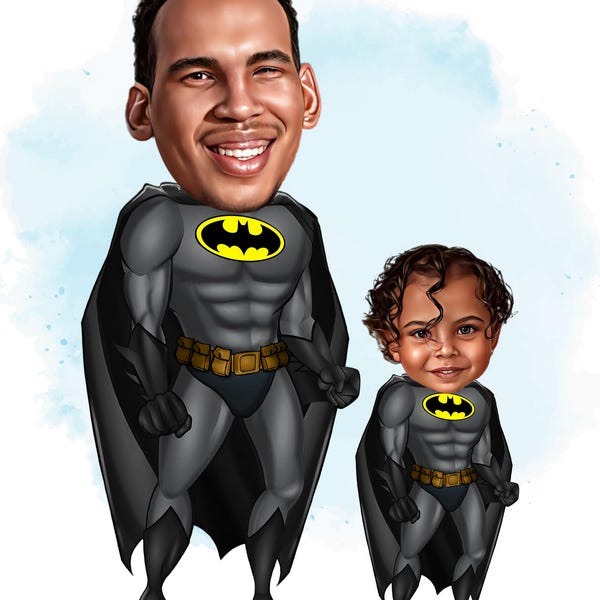 Custom Super Dad and Son Cartoon Portrait, Super Dad Portrait, Dad's ...