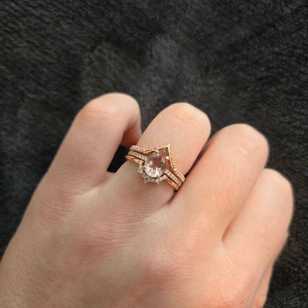 Pear Shaped Morganite Engagement Ring Set Rose Gold Vintage Moissanite/diamond Wedding Band ...