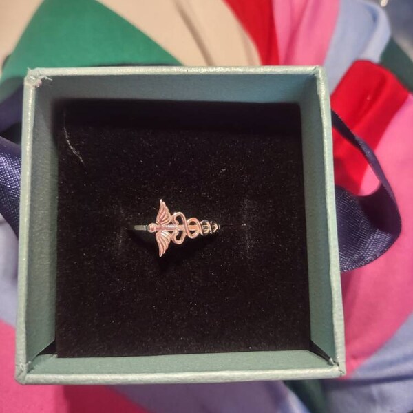 14K 18K REAL Gold Sideway Caduceus Ring, Dainty Ring, Medical Symbol Caduceus Snake Ring ...