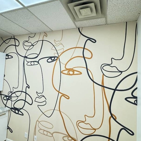 Facial Expression Wallpaper Line Art Wall Decor Minimalist Peel and ...