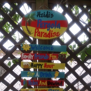 Backyard Paradise Hand Painted Wood Wall Hanger Sign Personalized Tiki ...