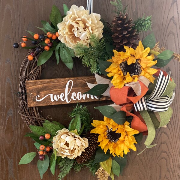 Fall Sunflower Welcome Wreath, Fall Wreath, Fall Farmhouse Wreath, Fall ...