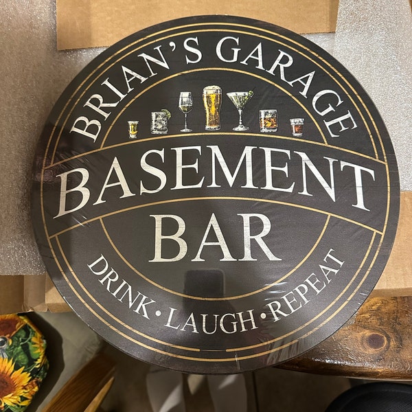Personalized Basement Bar Sign, Custom Round Black and Gold Bar Sign ...
