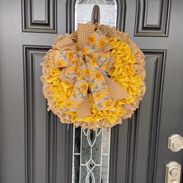 Yellow Sunflower Burlap Wreath for Front Door, Summer Burlap Wreath ...