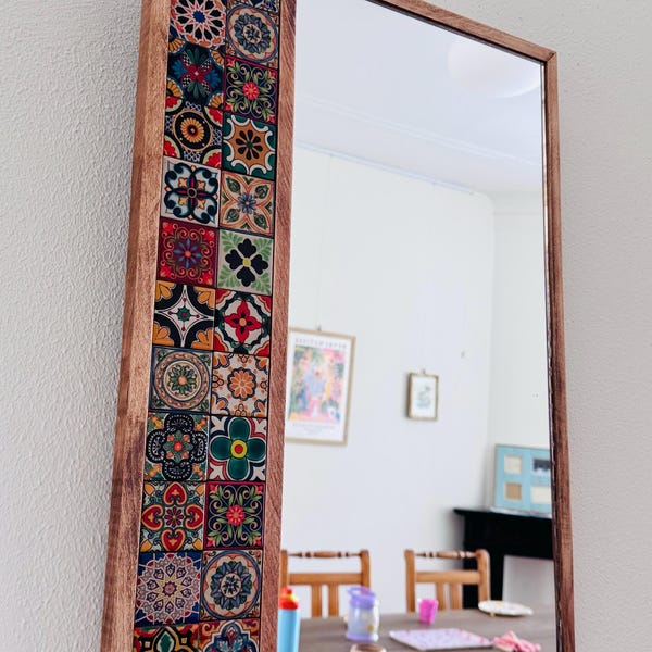 Handmade Turkish Ceramic Tile Mirror – Rustic Oak Wood Frame Wall Decor ...