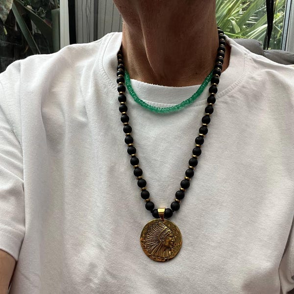 Men's Protection Necklace Big Raw Tiger Eye Pendant Beads Necklace ...