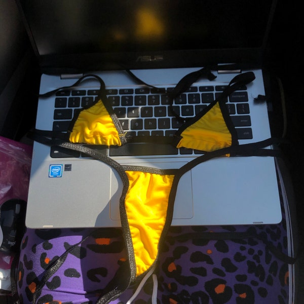 Yellow With Black Trim Micro Coverage Top Y Back Thong Slingshot Bottom ...