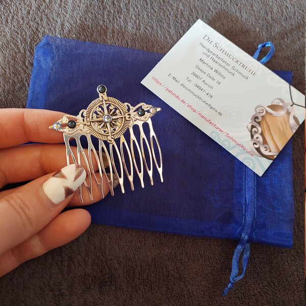 Compass Hair Comb in Silver With Crystals in Blue, Maritime Hair ...