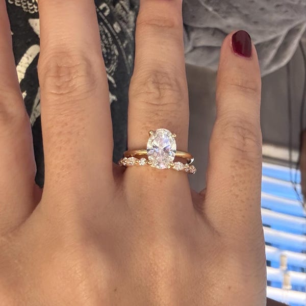 Dainty Single Prong Ring, Marquise and Round Moissanite Wedding Band ...