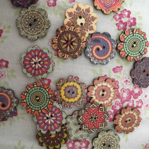 Wooden Buttons, Boho Buttons, Mandala Buttons, Flower Shape Vintage ...