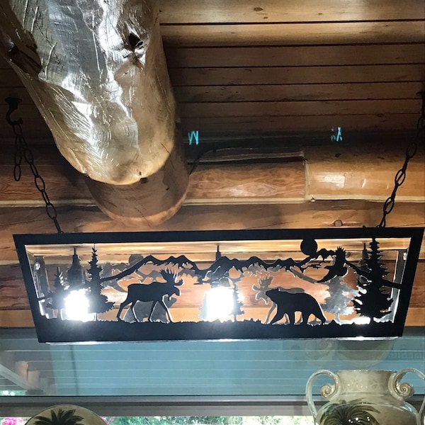 Rustic Cabin Light Fixture. Moose and Bear Pendant Light. Three Light ...