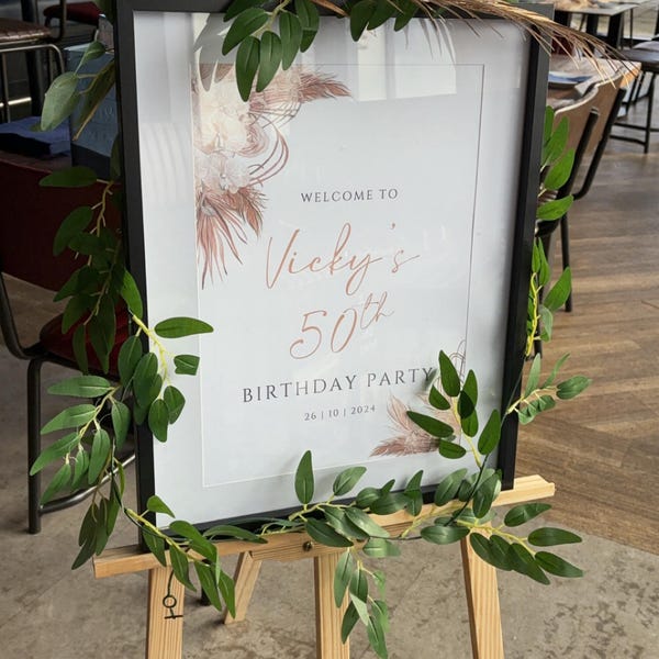 Personalised Pampas Flowers Birthday Party With Age Welcome Sign - A1 ...