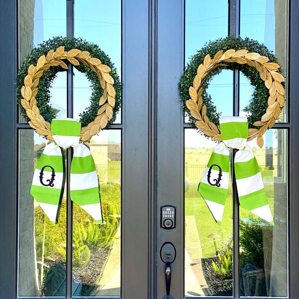 Spring Green Stripe Monogram Wreath Sash for Front Door, Personalized ...