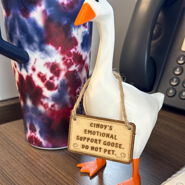 Emotional Support Goose Desk Buddy | Magnetic Goose With Custom Wooden Sign on Grass Base ...