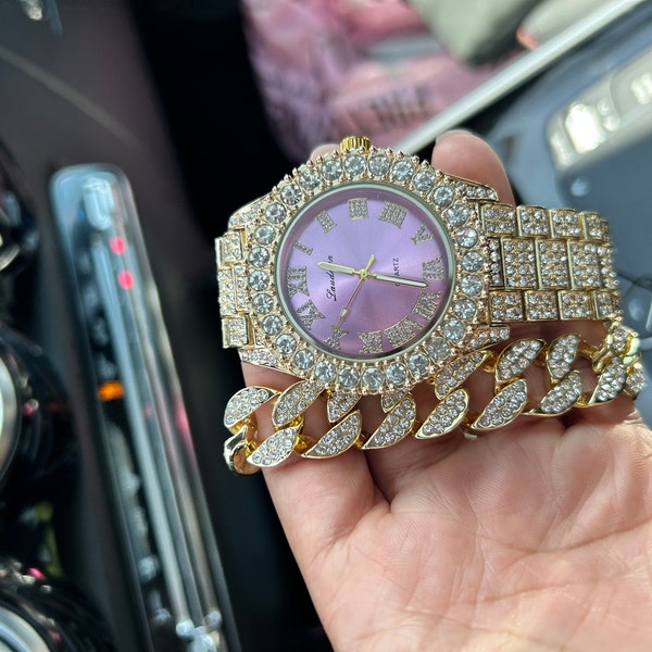 Mens Iced Out Black Red Dial Hip Hop Party Rap Round Shaped White Gold ...