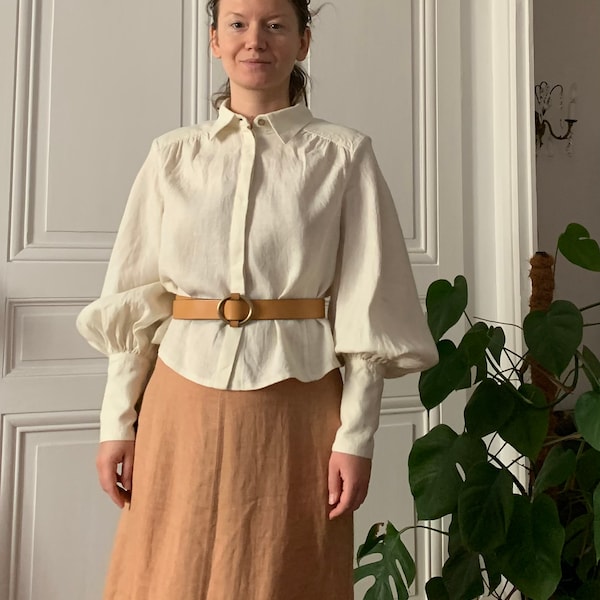 Victorian Linen Blouse, Bishop Sleeve Tailored Shirt, Romantic Cropped ...