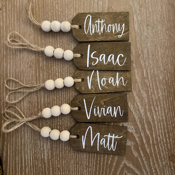 Beaded Wooden Christmas Stocking Name Tag, Personalized Stocking Tag ...