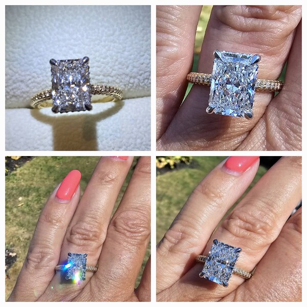 Radiant Cut Lab Diamond Three Stone Set Engagement Ring, 14k White Gold ...