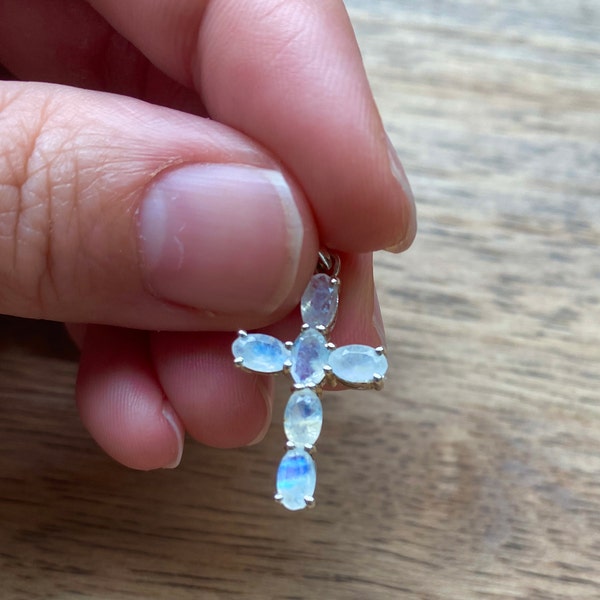 Rainbow Moonstone Cross Pendant, 925 Sterling Silver, Natural Stone ...