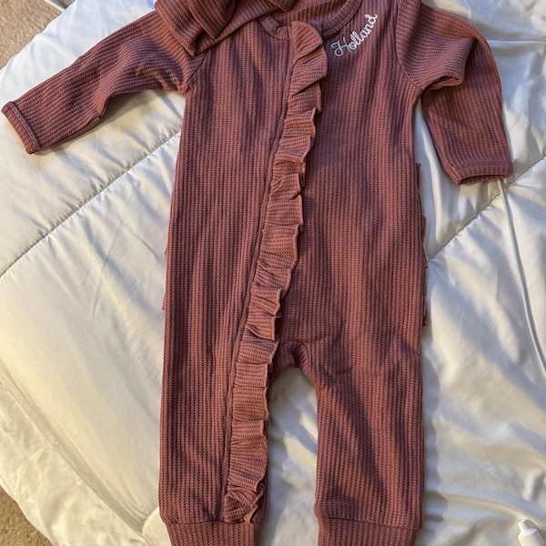 Baby Name Newborn Waffle Knit Ruffled Footie With Bow - Baby Girl ...