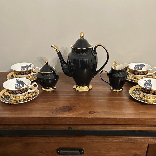 Black Gold Tea Set With Purple Rose Design. Porcelain, Food Safe ...