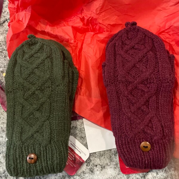 Hand Knit Gray Flower Fingerless Gloves Wool Texting Mittens Fleece ...