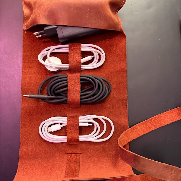 Leather Travel Cord Roll, Charger Bag, Cable Organize Case Holder ...
