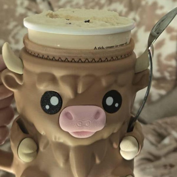 Ferdinand Highland Cow Ice Cream Pint Holder – 3D Printed With Spoon ...